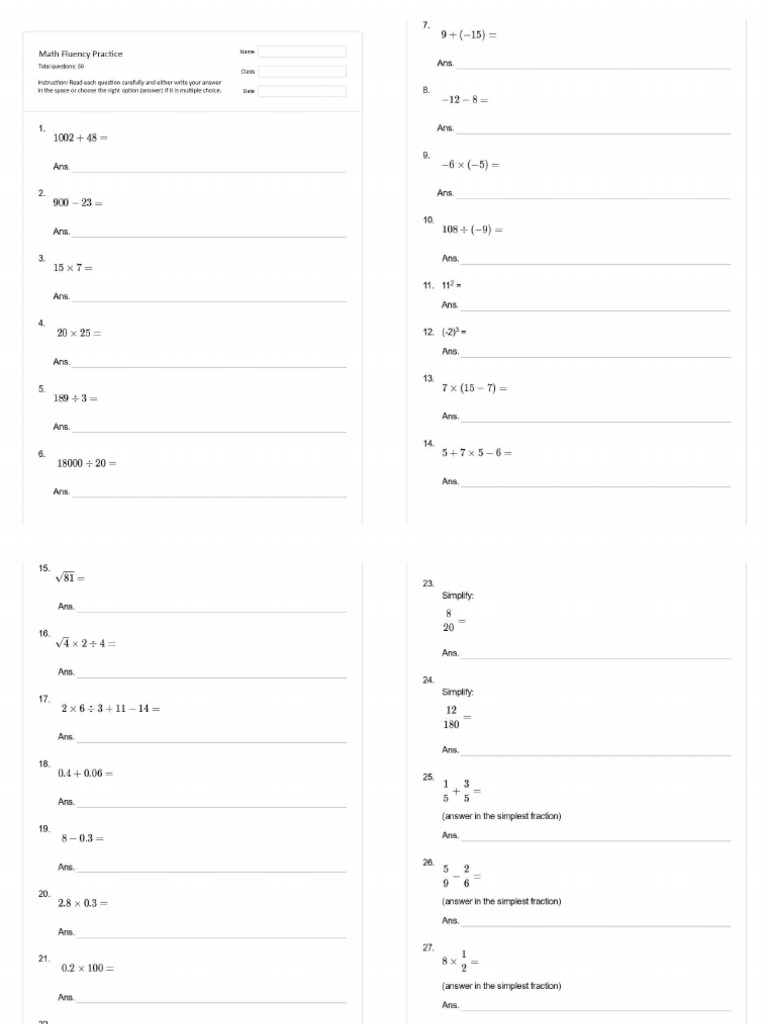 6-7 Math Fluency Practice - HOMEWORK | PDF