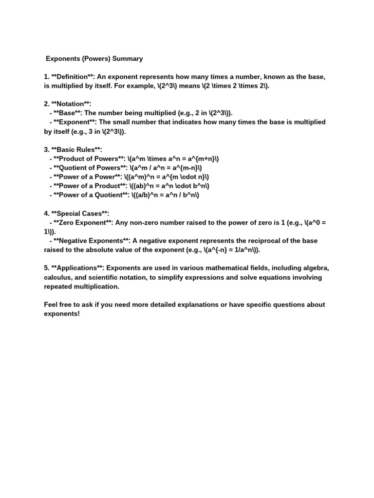 Exponents (Powers) Summary | PDF