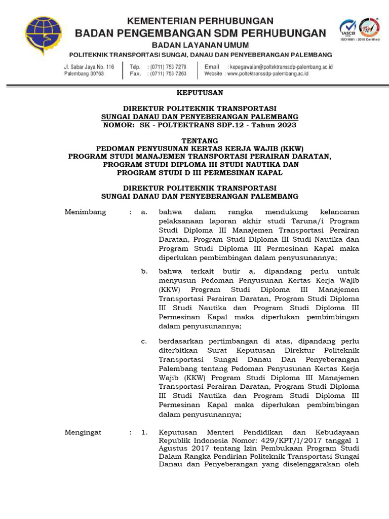 SK Pedoman Penyusunan KKW 2023 (Rev 1) Utk Taruna | PDF