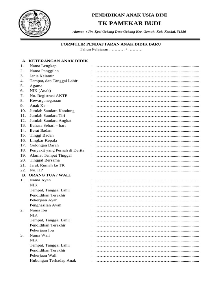 Formulir Pendaftaran Anak Didik Baru - TK PB | PDF