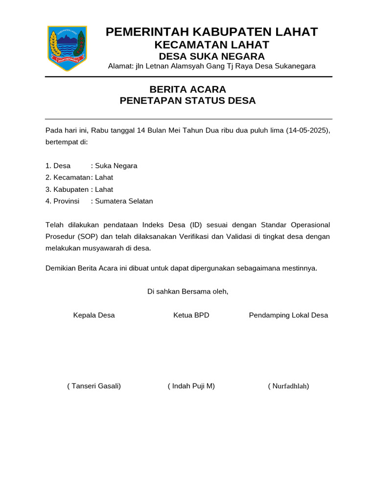 Template Berita Acara Indeks Desa 2025 | PDF