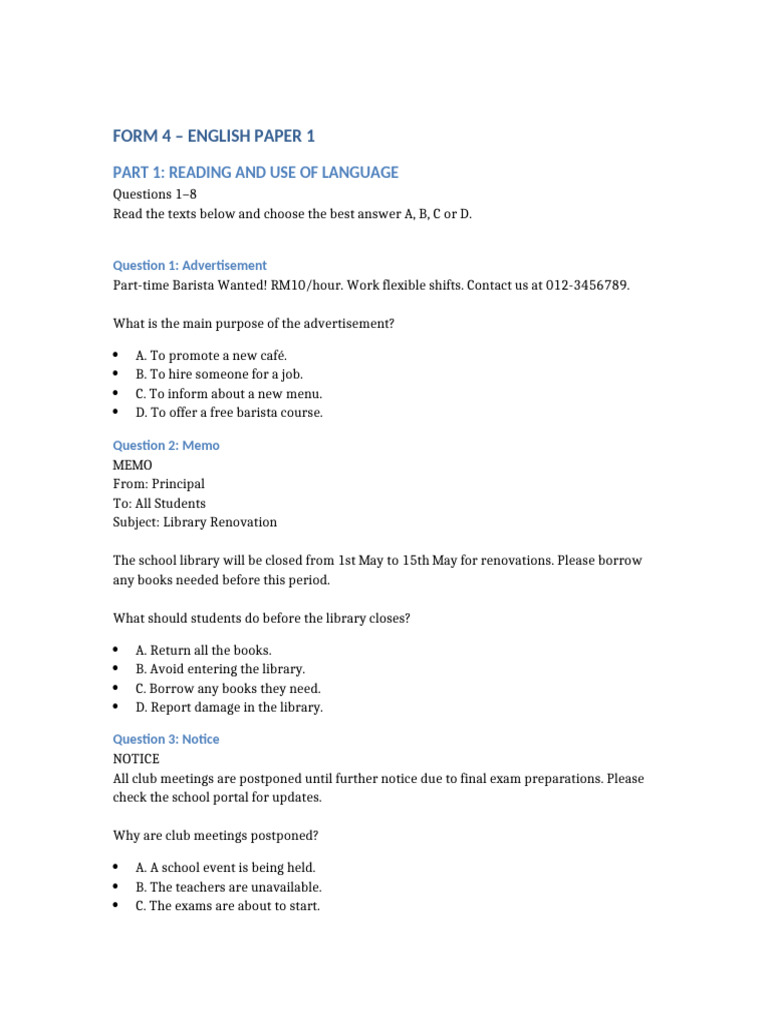 Form4 English Part1 Reading and Use of Language | PDF