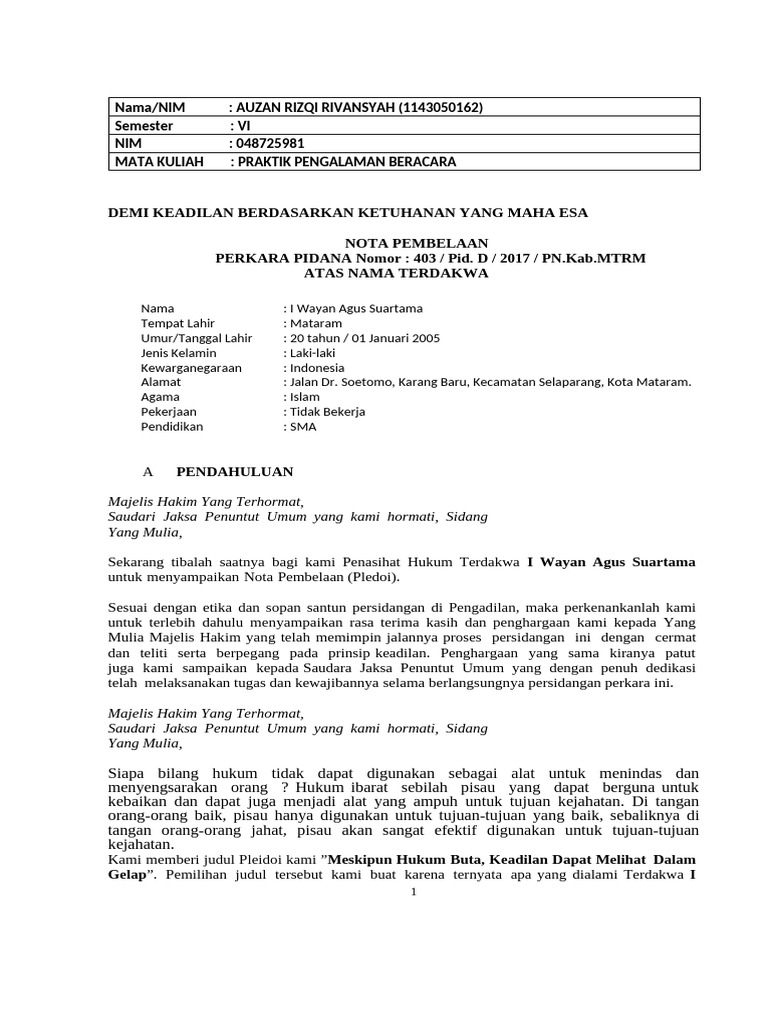 Contoh Nota Pembelaan Kasus Pemerkosaan | PDF