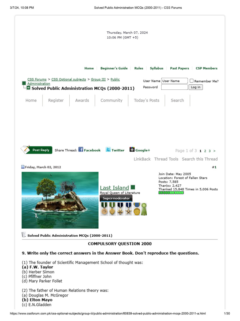 Solved Public Administration MCQs (2000-2011) - CSS Forums | PDF | Motivation | Motivational
