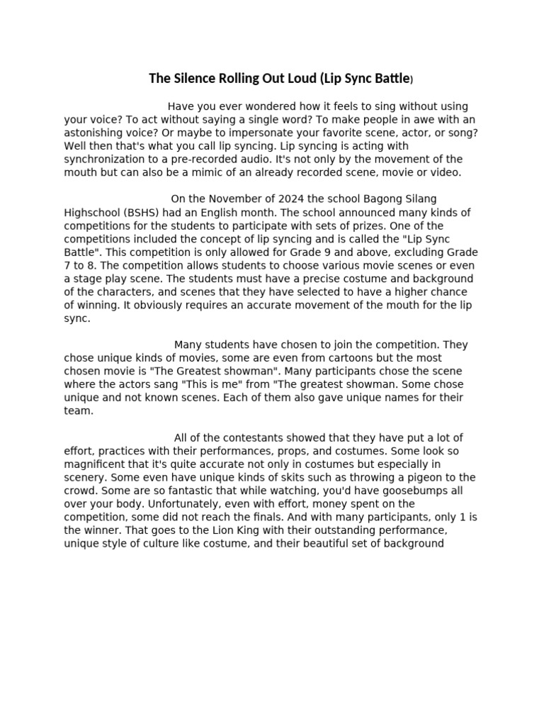 FEATURE The Silence Rolling Out Loud LipSync Battle Canale Tyrone | PDF