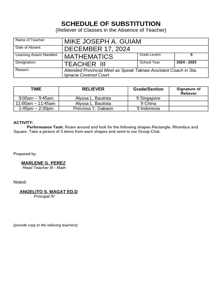 Template 14 Substitution of Teacher | PDF
