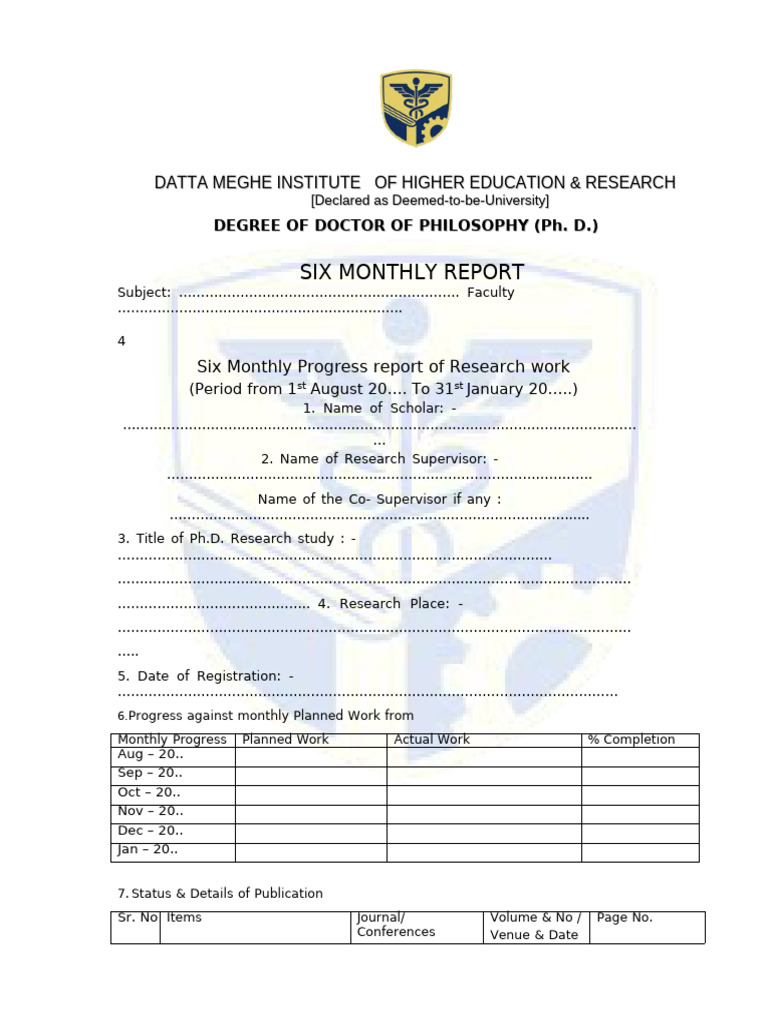 6 Monthly Report-Format | PDF | Doctor Of Philosophy