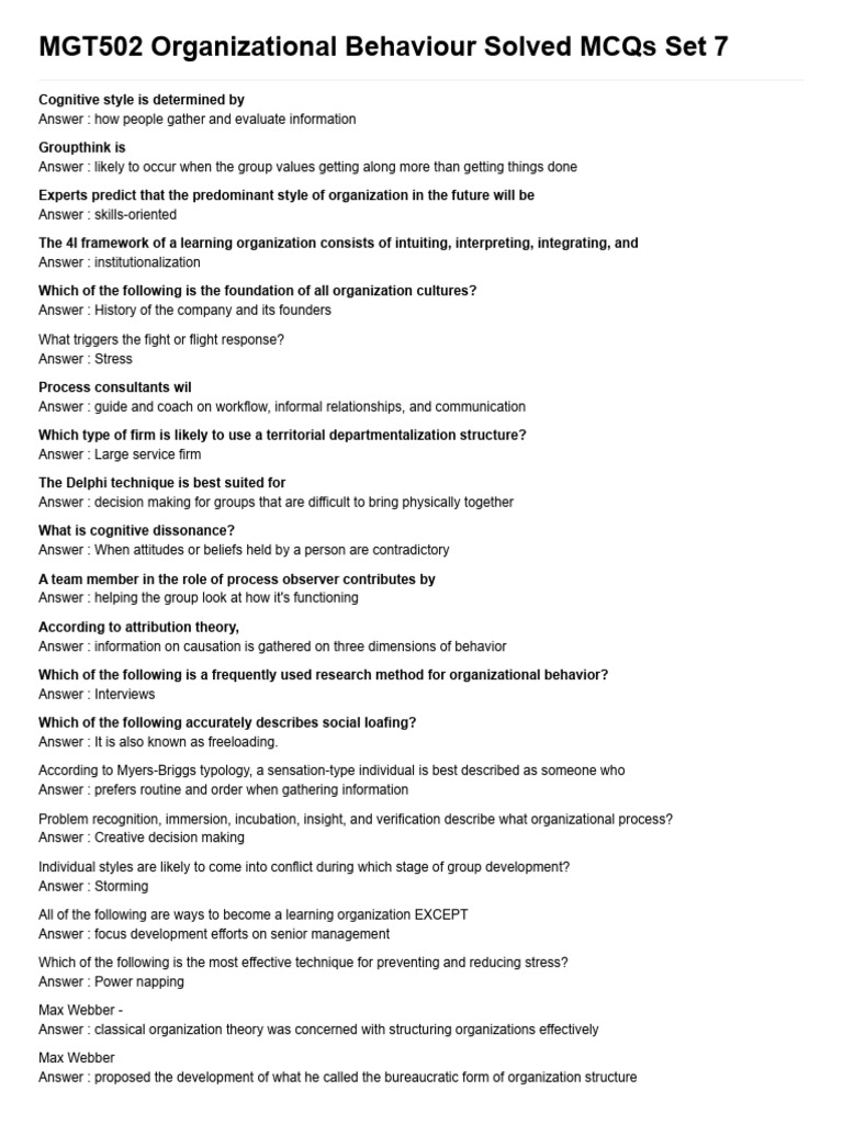 MGT502 Organizational Behaviour Solved MCQs Set 7 | PDF | Leadership | Motivation