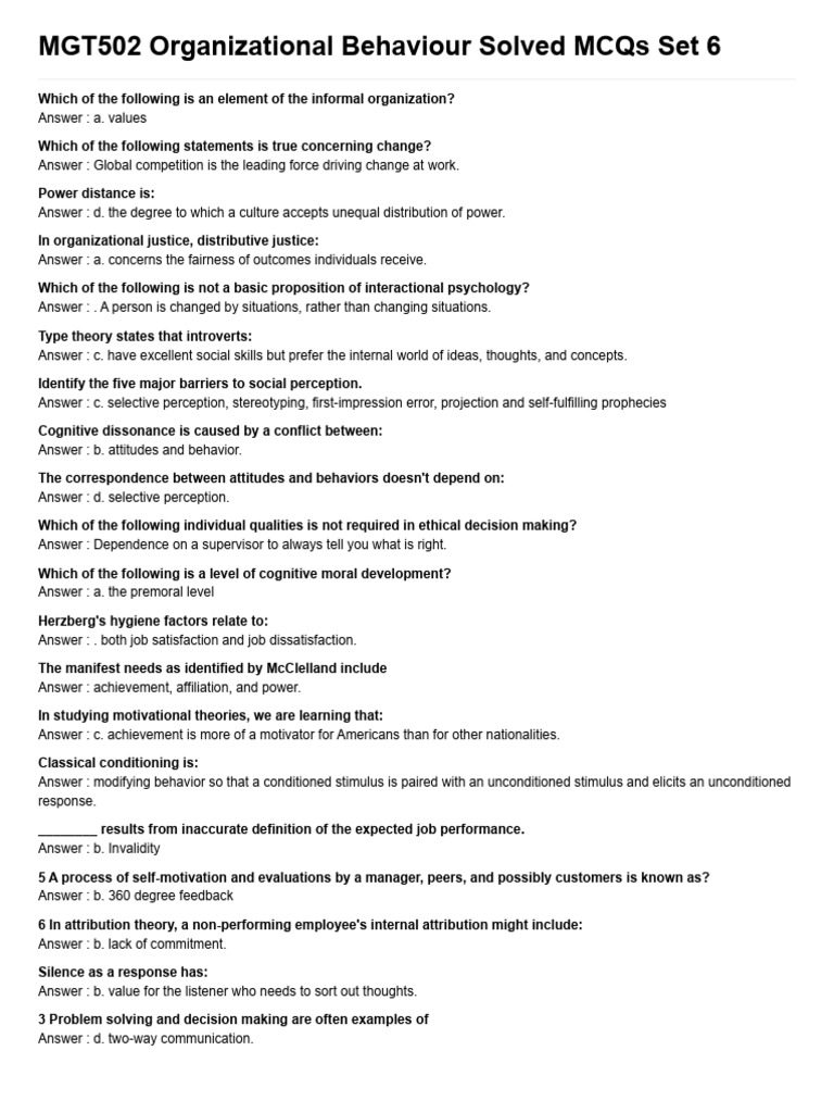 MGT502 Organizational Behaviour Solved MCQs Set 6 | PDF | Leadership | Organizational Behavior
