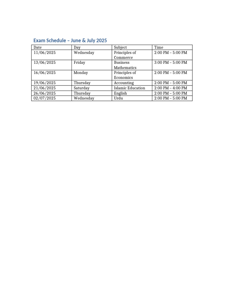 Exam Schedule June July 2025 | PDF