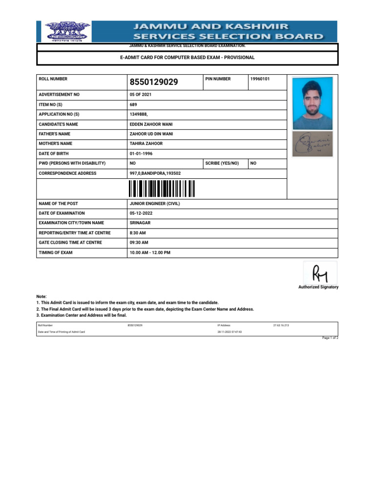 Advance Intimation of Allotment of Examination City (JKSSB) | PDF ...