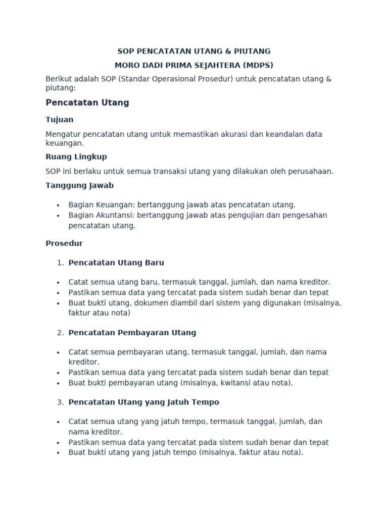 SOP Pencatatan Utang & Piutang MDPS | PDF