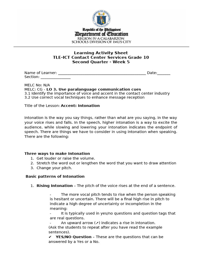 Learning Activity Sheet TLE-ICT Contact Center Services Grade 10 Second Quarter - Week 5 | PDF ...