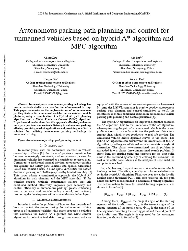 Autonomous Parking Path Planning and Control For Unmanned Vehicles Based On Hybrid A Algorithm ...