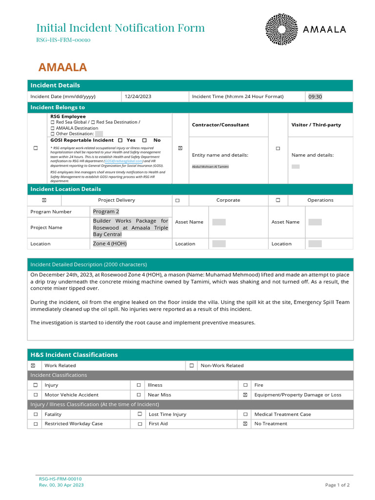 Initial Incident Notification - 24.12.2023 | PDF | Injury