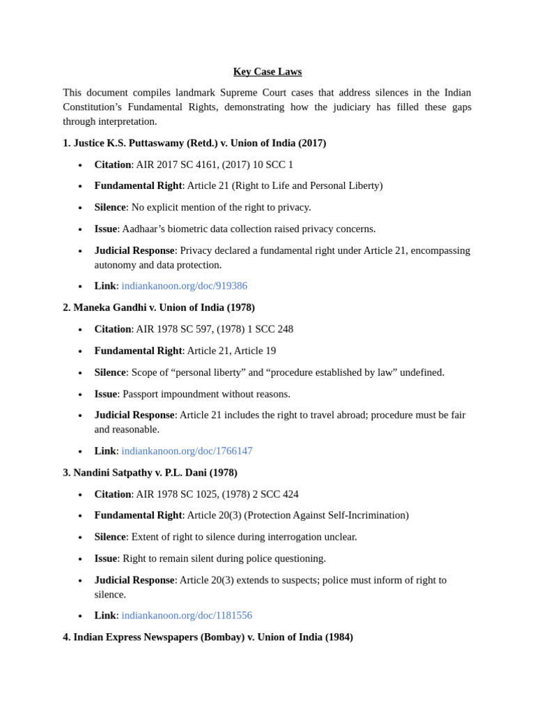 Key Case Laws | PDF | Right To Silence | Legal Documents