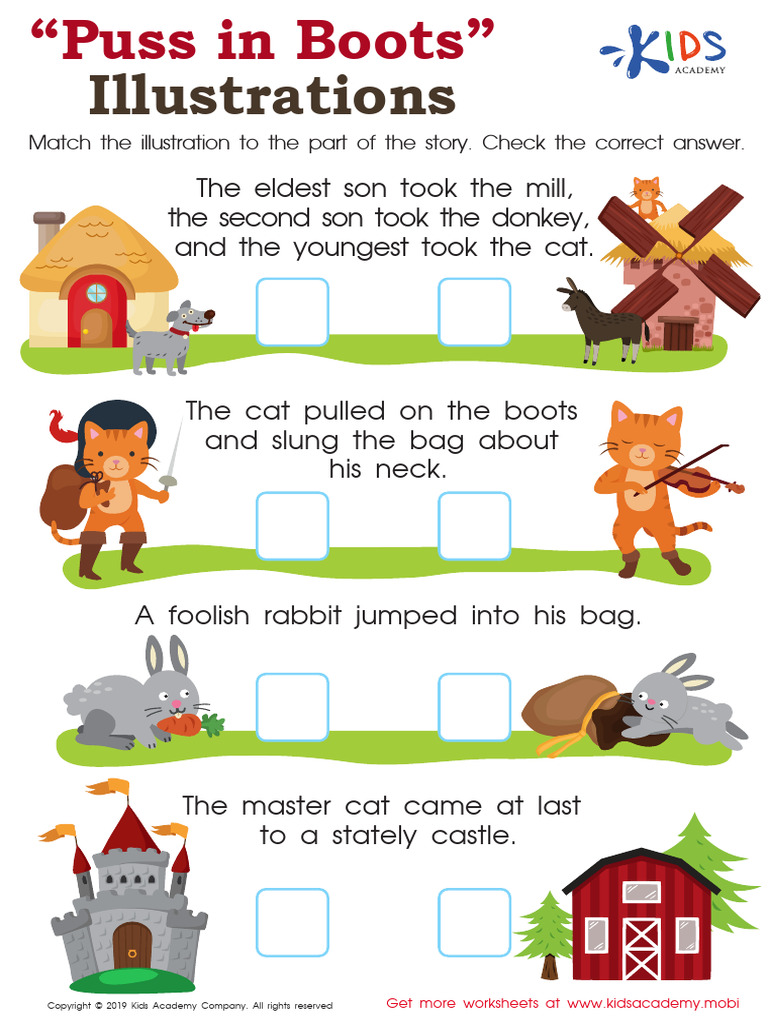 Kindergarten Puss in Boots Illustrations Worksheet | PDF