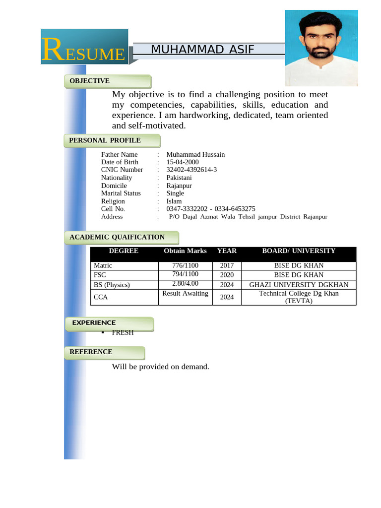 Resume of Muhammad Asif - Fresh Graduate | PDF