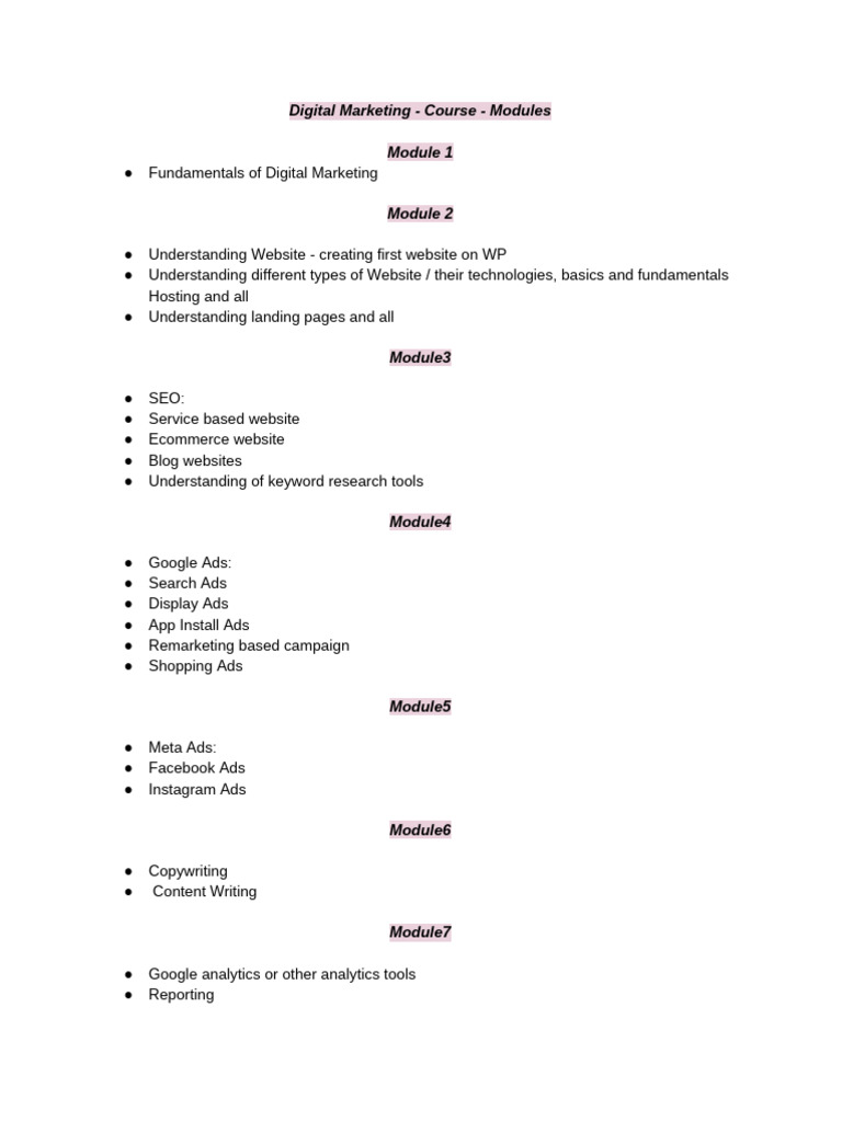 Digital Marketing Course Modules Overview Pdf