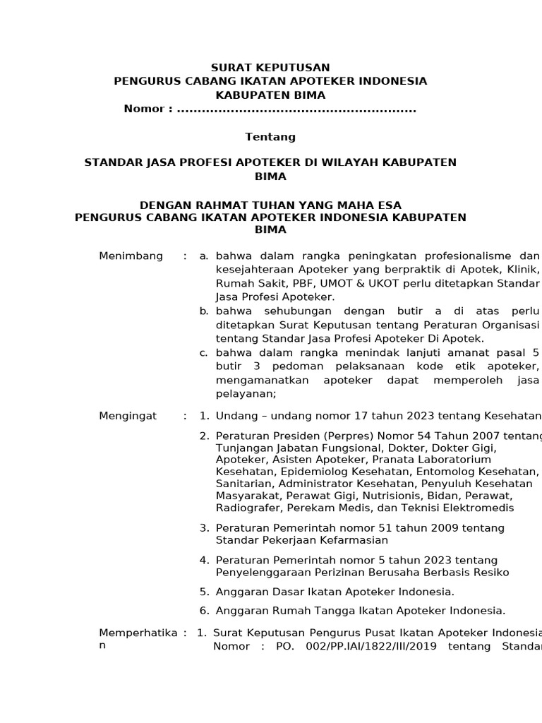 Standar Jasa Profesi Apoteker Bima | PDF