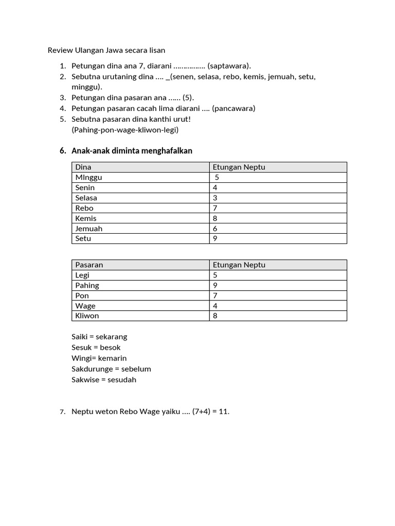 Ulangan Lisan Petungan Dina dan Pasaran | PDF