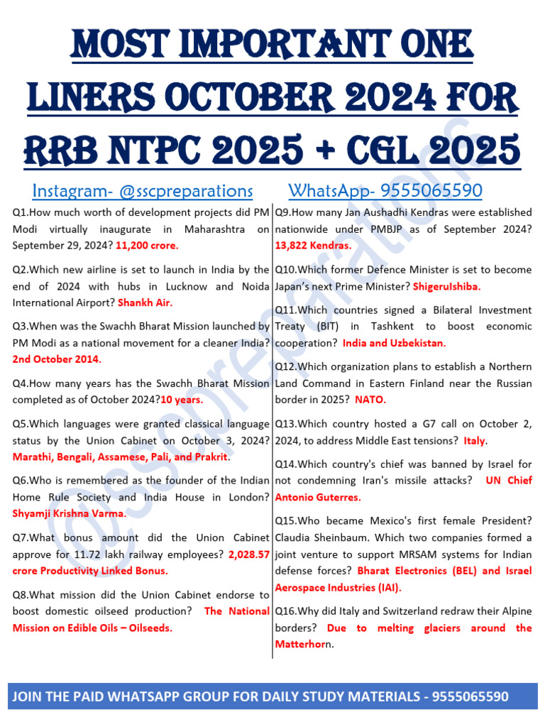 Top 200 Important One Liners October 2024 for RRB NTPC 2025 + SSC | PDF