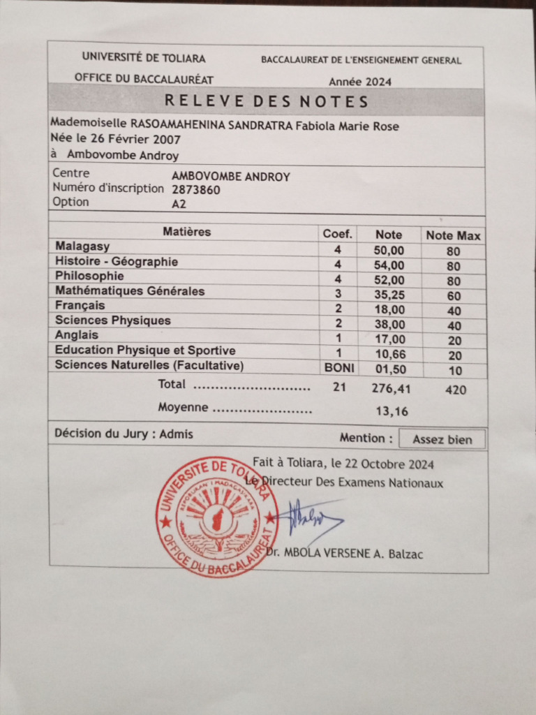 Relevé Des Notes | PDF