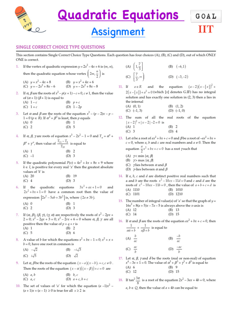 Quadratic Equations Assignment1 (Comp. Chap) | PDF | Zero Of A Function | Quadratic Equation