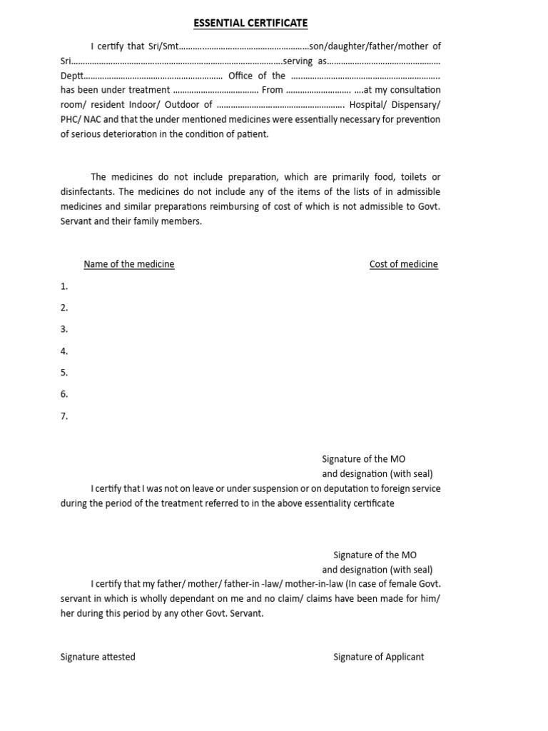 Essentiality Certificate for Medical Reimbursement | PDF