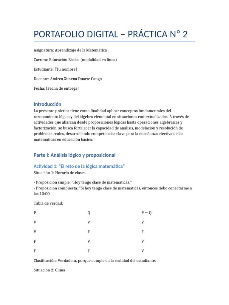 Portafolio Practica2 Matematica | PDF | Proposición | Factorización