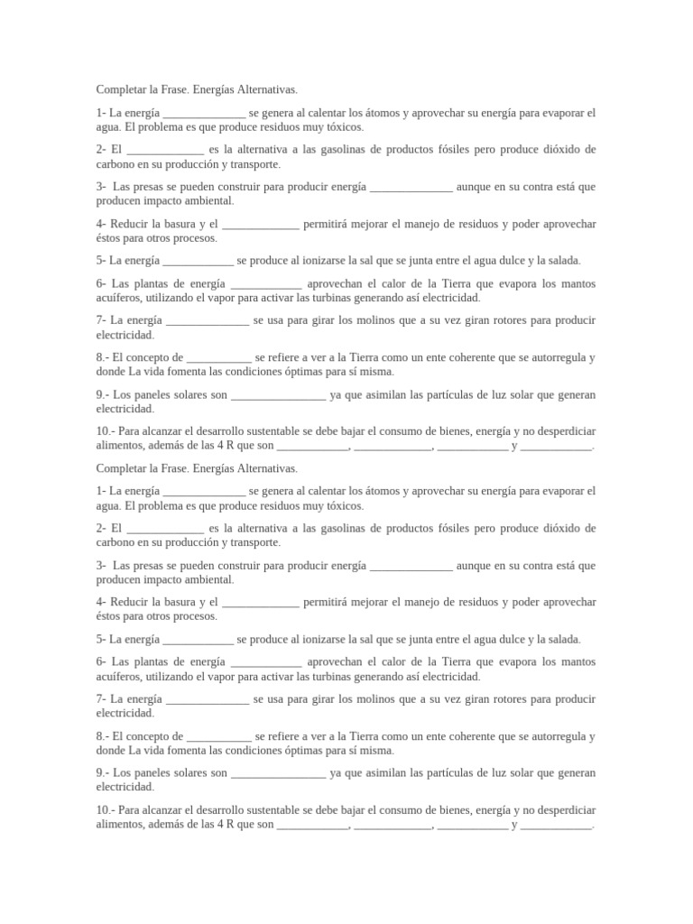 Ejercicio Completar La Frase Energías Alternativas 2 | PDF | Residuos ...