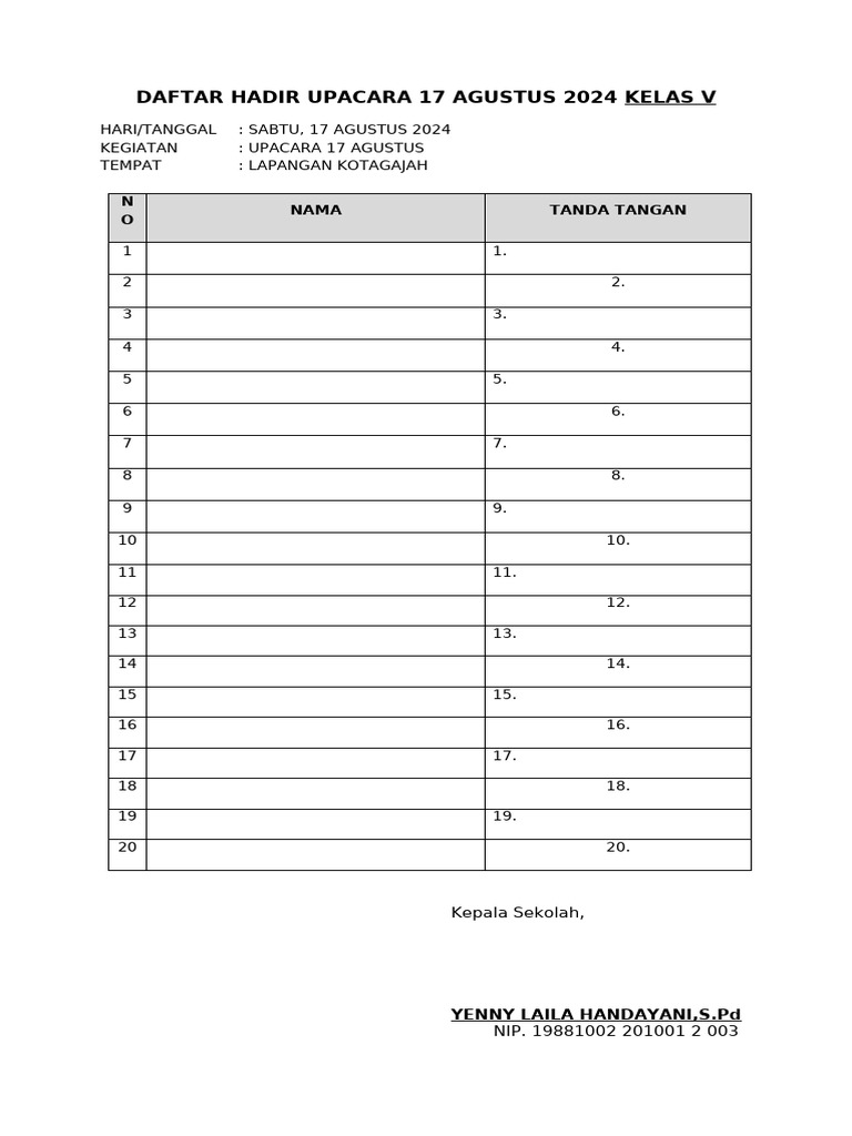 Daftar Hadir Upacara 17 Agustus 2024 Kelas V | PDF