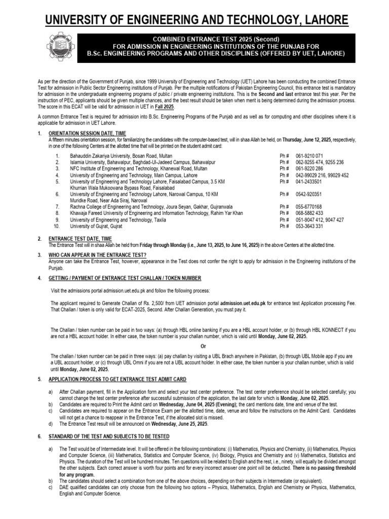 Entry Test Ad 2025 Second Final | PDF | University And College Admission