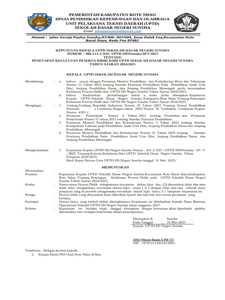 Surat Keputusan Penetapan Kelulusan SDN Sunsha 2025 | PDF