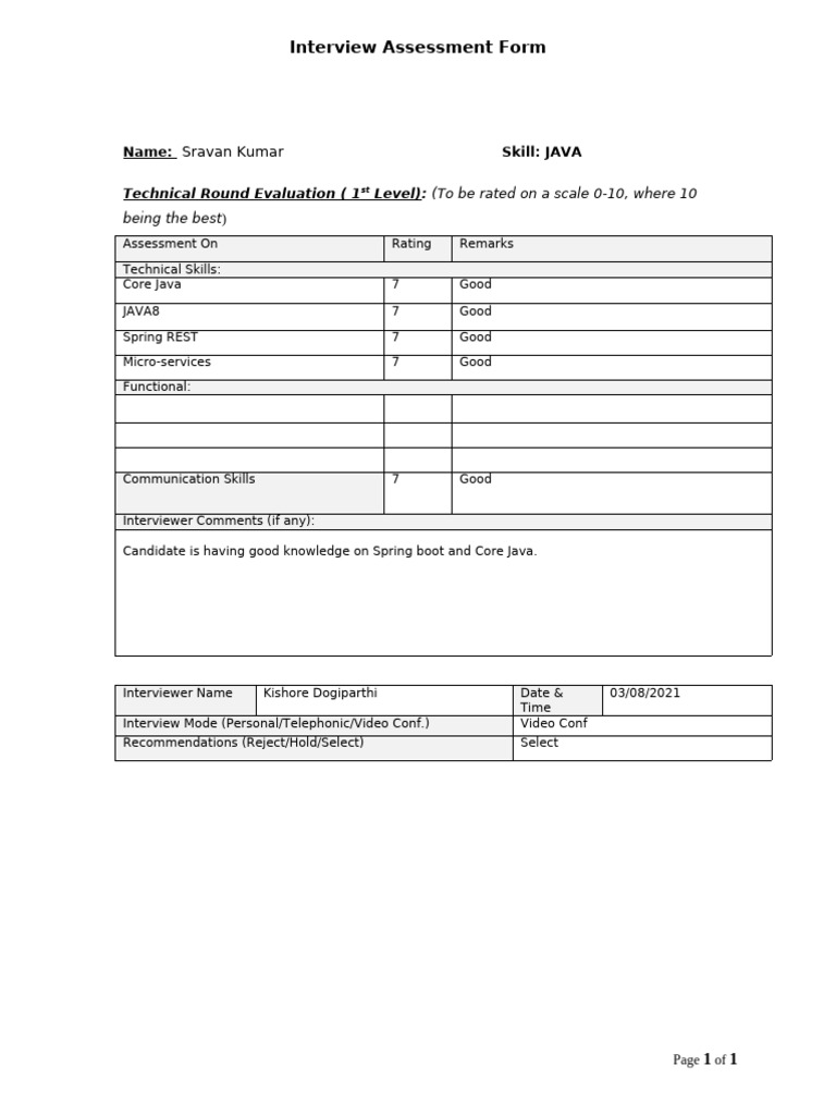 Abhinav - Prathapagiri - 1st Round Interview Assessment Sheet | PDF