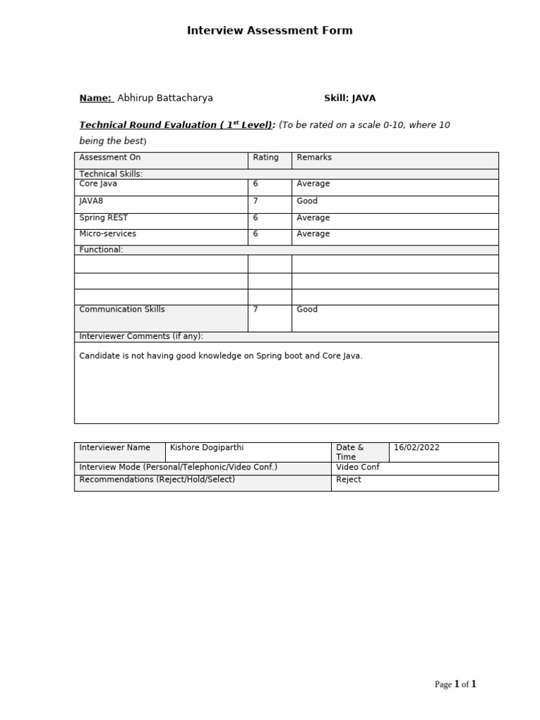 Abhirup - Battacharya - 1st Round Interview Assessment Sheet | PDF