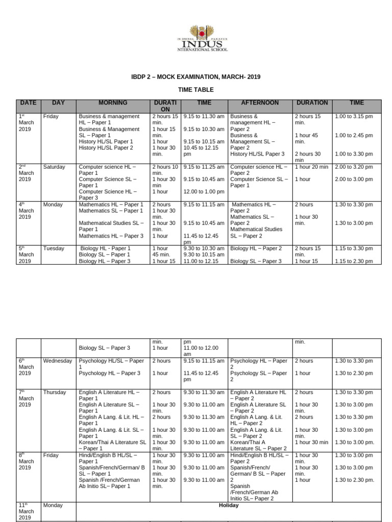 IBDP 2 Mock Examination March 2019 Time Table-2 | PDF