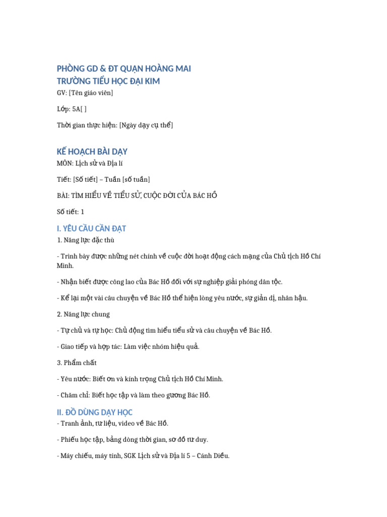 Giao An Bac Ho Co Muc Tieu | PDF