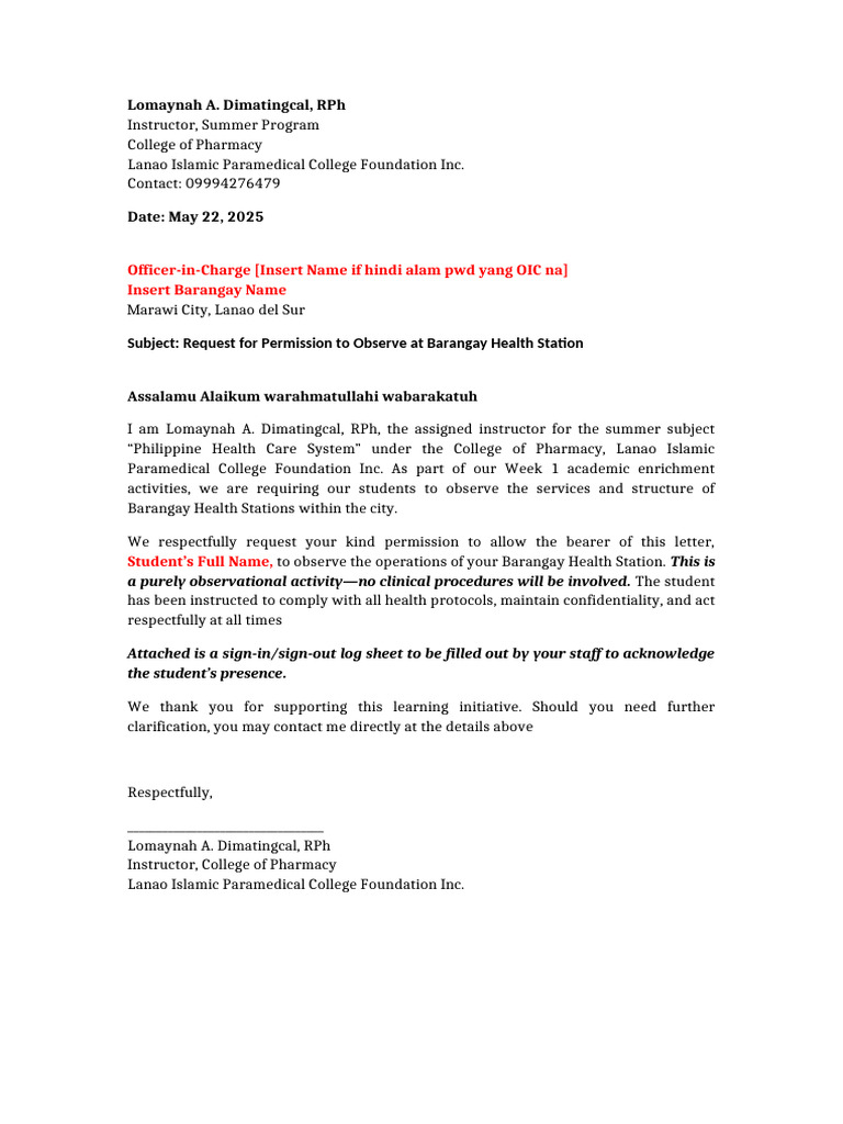 Observation Request Letter BHS Marawi | PDF