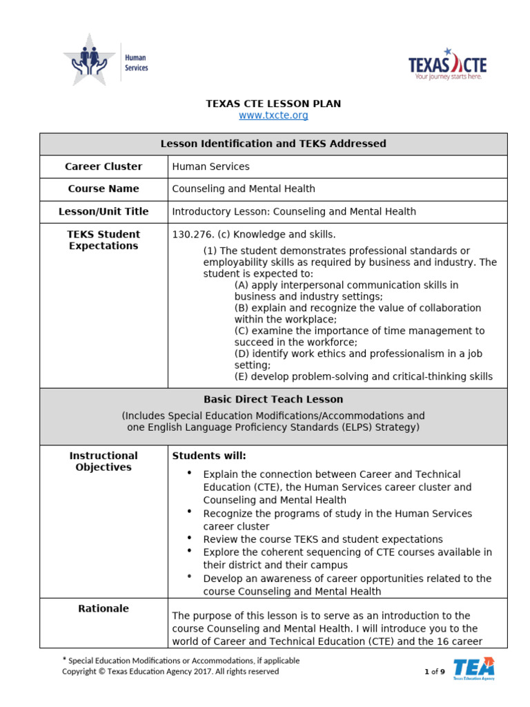 Texas CTE Counseling Lesson Plan | PDF | Individualized Education ...