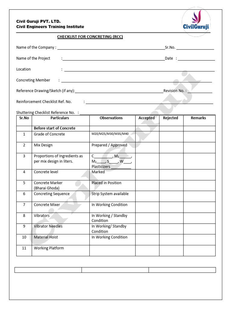 RCC Concreting Checklist Template | PDF | Concrete | Secondary Sector ...
