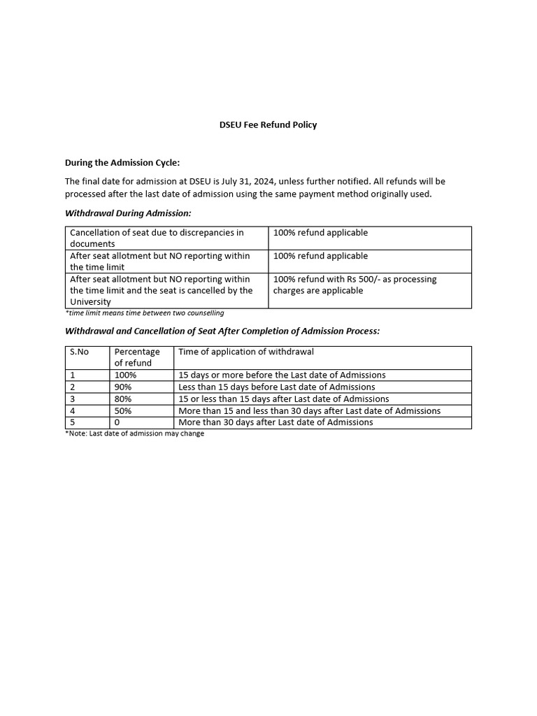 DSEU Fee Refund Policy Overview | PDF