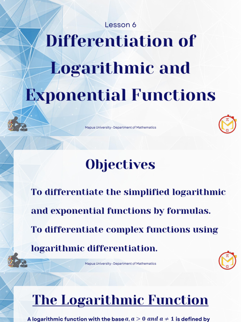 Lesson 6 - Differentiation of Logarithmic and Exponential Functions | PDF | Logarithm ...