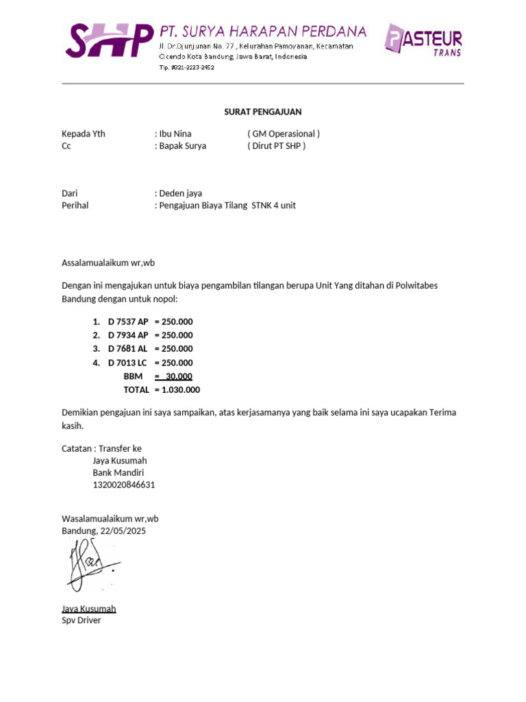 Surat Pengajuan Tilangan 4 Unit STNK | PDF