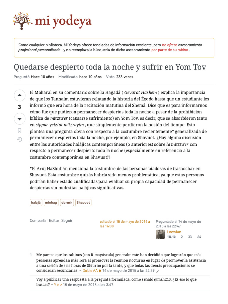 Halajá - Quedarse Despierto Toda La Noche y Sufrir en Yom Tov - Mi ...