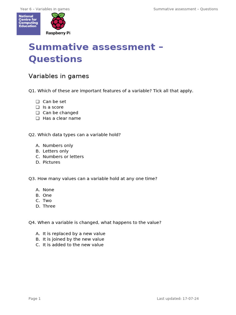 Year 6 Game Variables Assessment | PDF | Computing