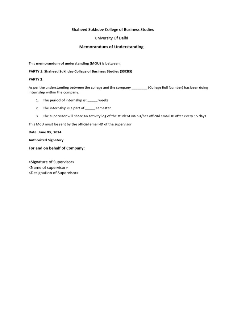 MOU for Internship at SSCBS | PDF
