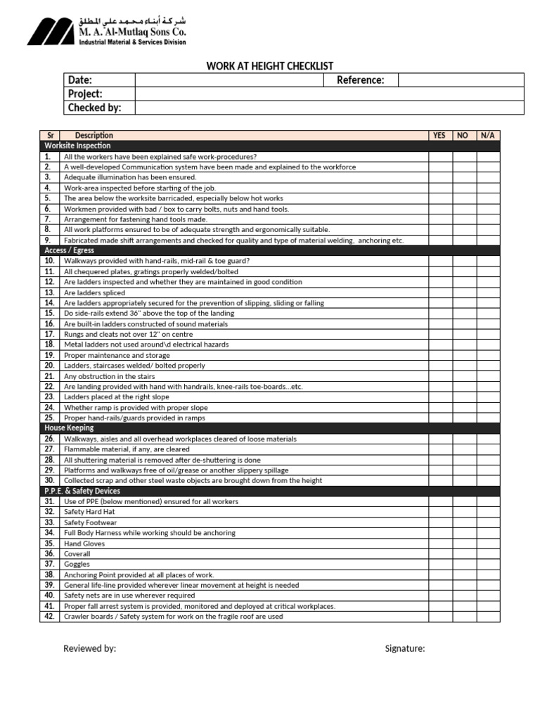 Work at Height Checklist | PDF | Personal Protective Equipment | Stairs