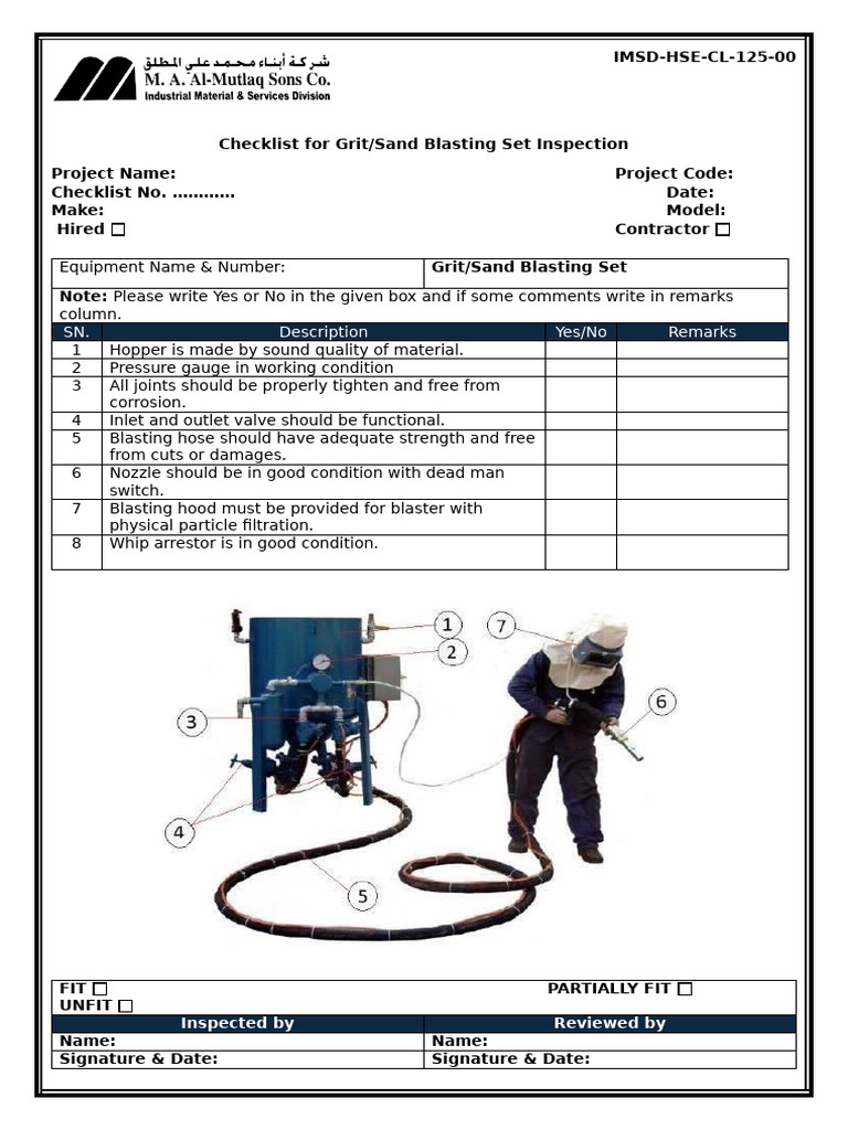 Checklist For Sand Blasting Set Inspection | PDF