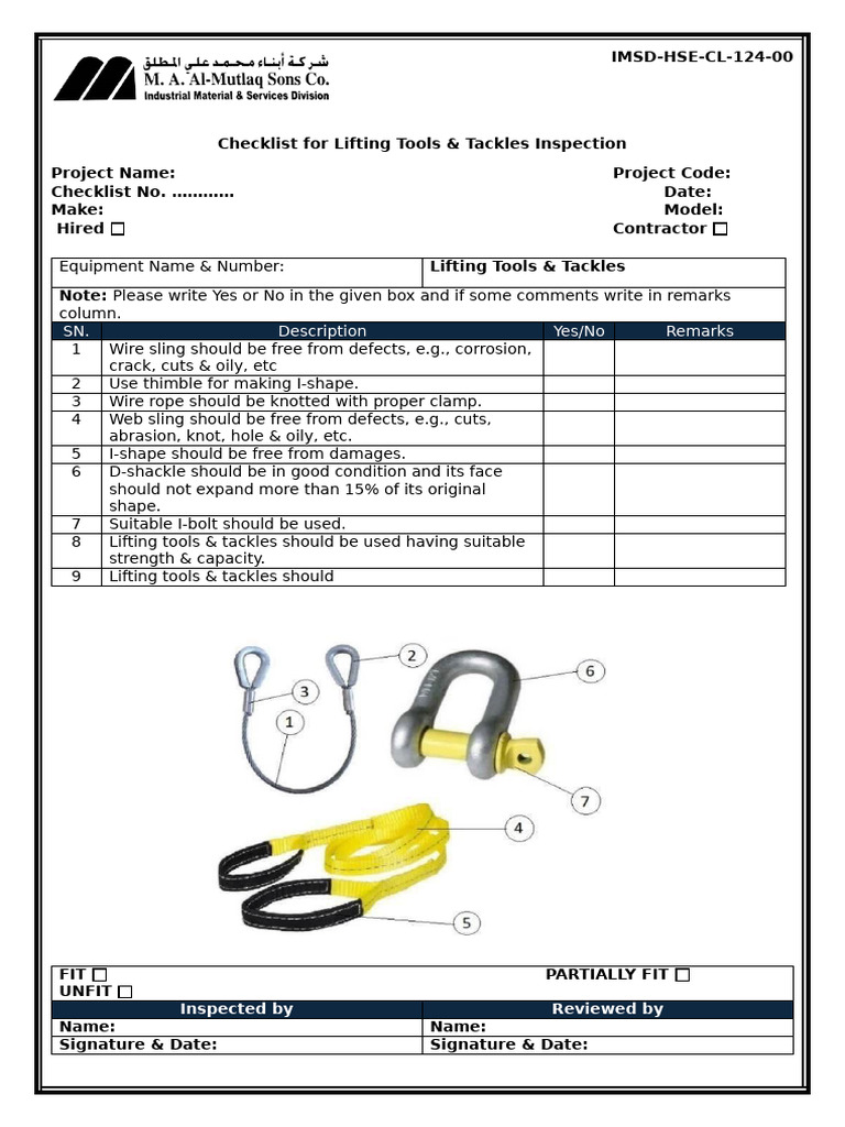 Lifting Tools & Tackles Inspection Checklist | PDF